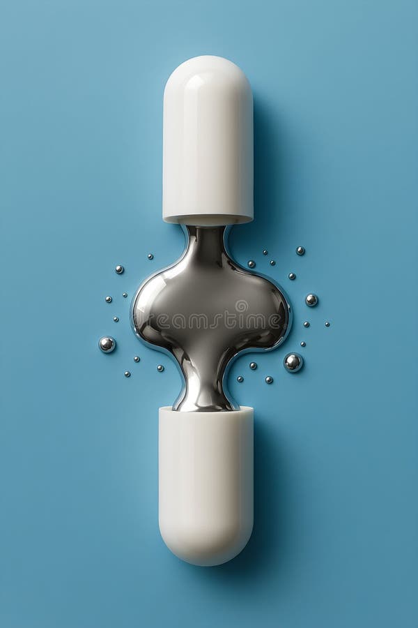Unique Metal and White Capsule Shape with Droplets on Blue Background ...