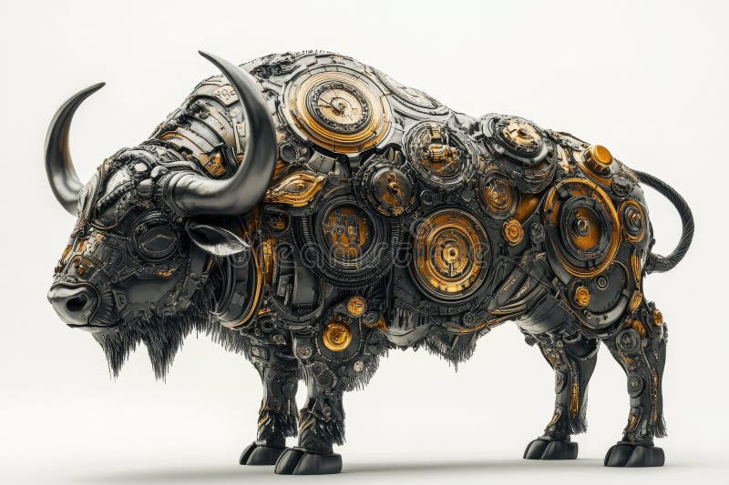 Unique Metallic Bison Sculpture Featuring Intricate Gear and Disc ...