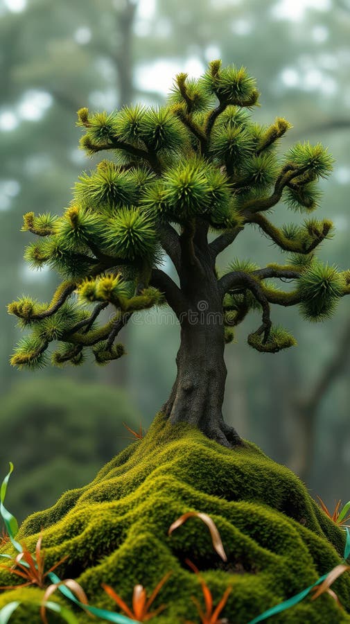 Unique Miniature Bonsai Tree with Moss and Vibrant Greenery in a Misty ...
