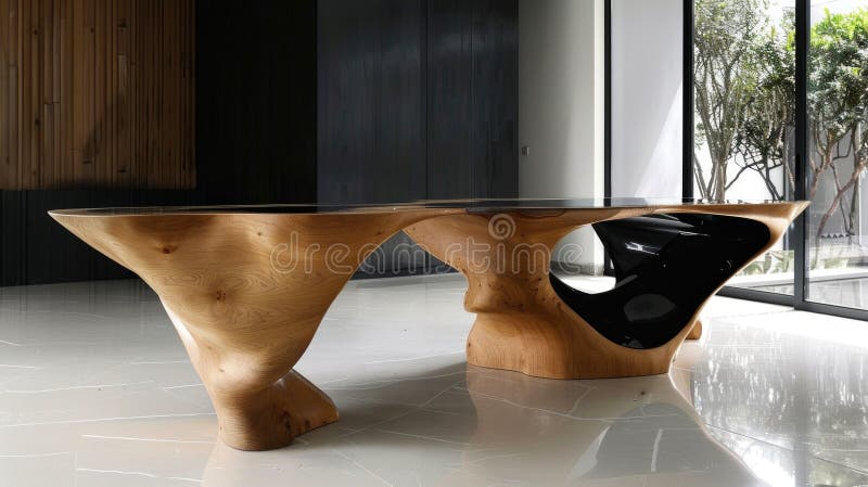 Modern Abstract Wood Table with Black Glass Top in Interior Design ...
