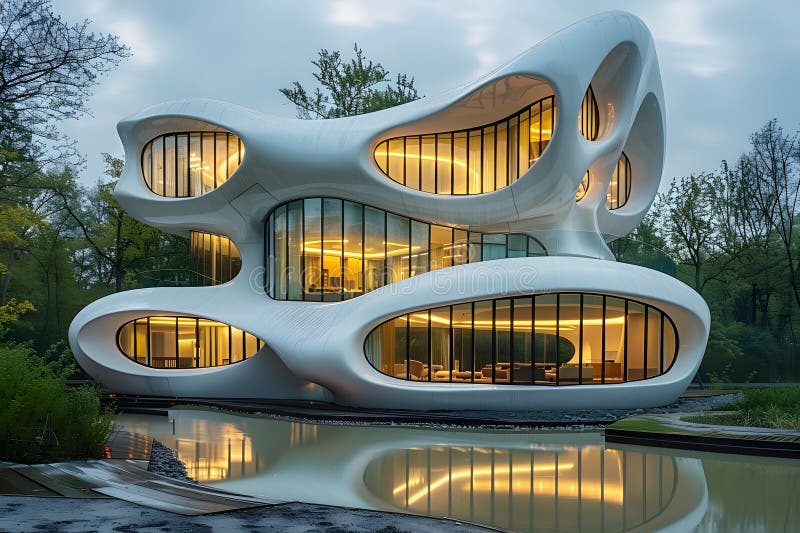 Unique Modern Architecture Showcases Organic Design at Dusk Stock ...