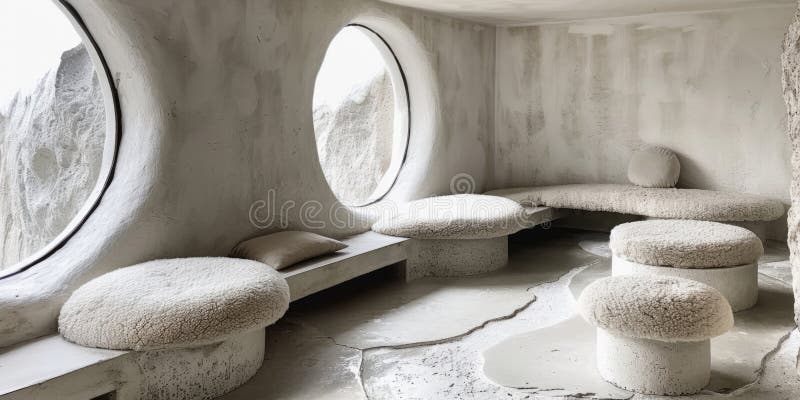 Unique Modern Interior with Circular Windows and Sculptural Seating in ...
