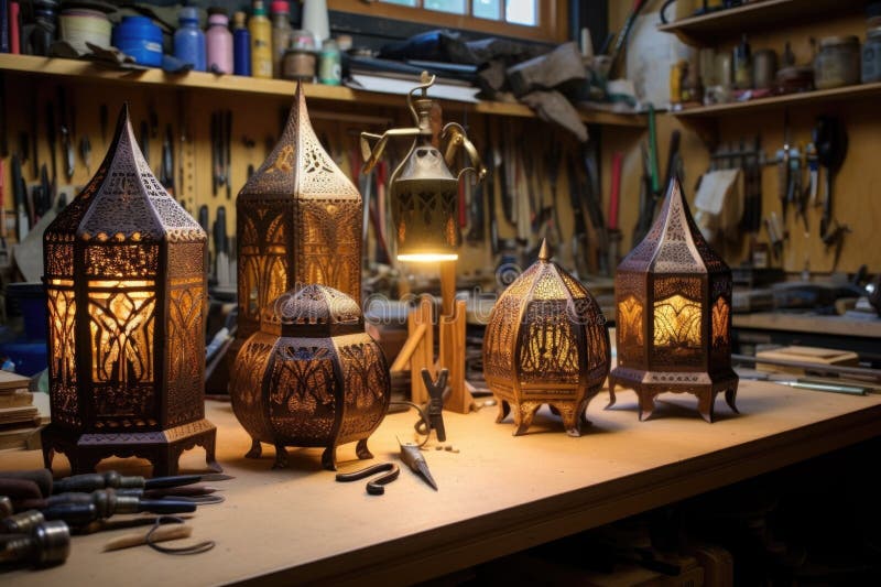 Unique Moroccan Lantern Designs on a Workbench Stock Illustration ...