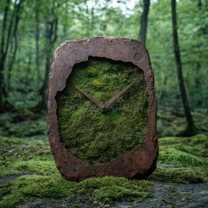 A Unique Moss Clock in a Forest Setting. Stock Illustration ...