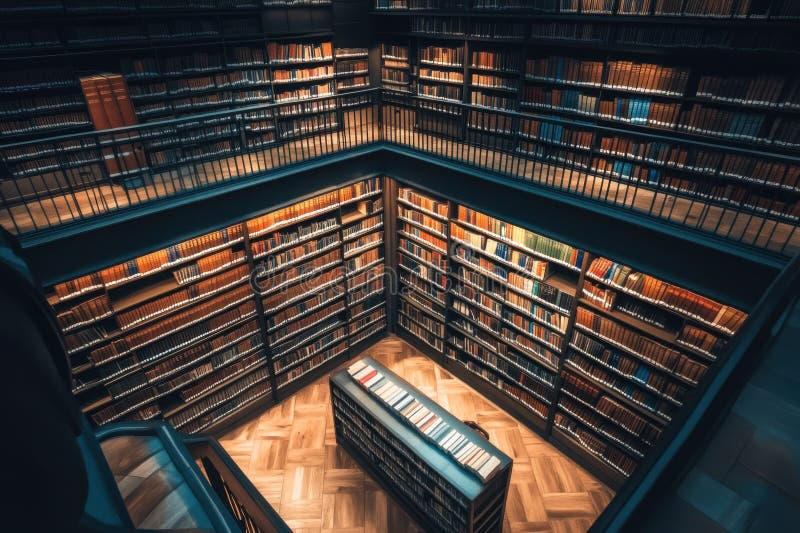 Unique Multi-level Library with Extensive Bookshelves Illuminated by ...
