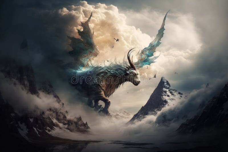 Unique Mystical Creature Walking in Air among Clouds and Mountains ...