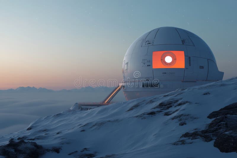 Futuristic Observatory Perched on Snowy Mountain at Dawn with Glowing ...