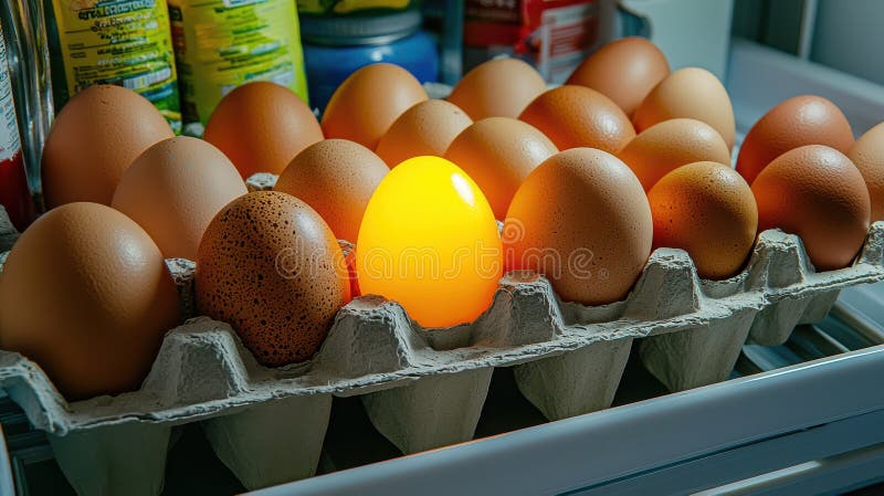 Unique Orange Egg among Brown Eggs in a Refrigerator Carton Display ...