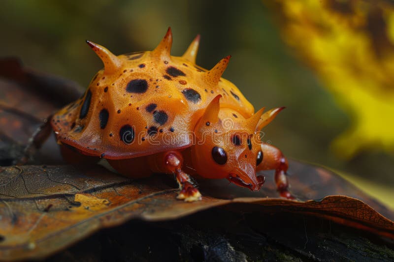 Unique Orange Spiky Beetle Crawling on a Leaf in a Lush Forest Setting ...