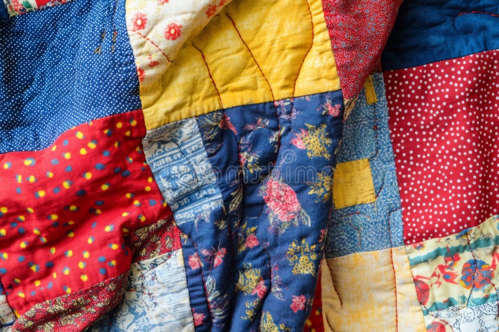 A Unique Patchwork Quilt Fabric Texture Background with Vibrant, Mismatched Patterns in Red ...