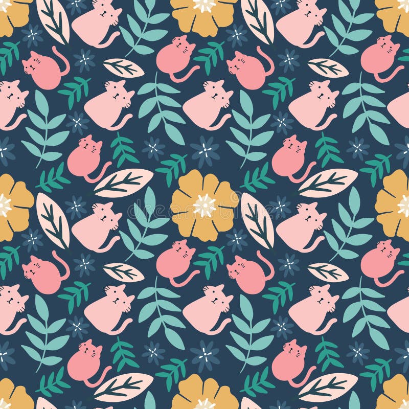 Unique Pattern of Cat Cute Animals and Leaf Stock Vector - Illustration ...