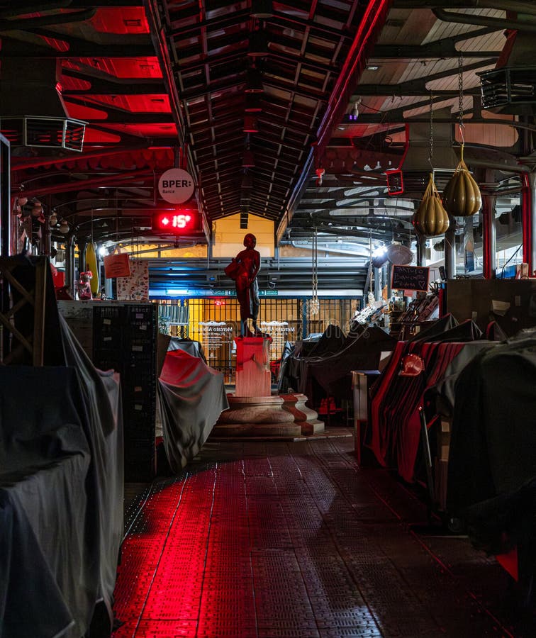 Unique Perspective of a Modena Market Alley at Night, Lit by a Singular ...