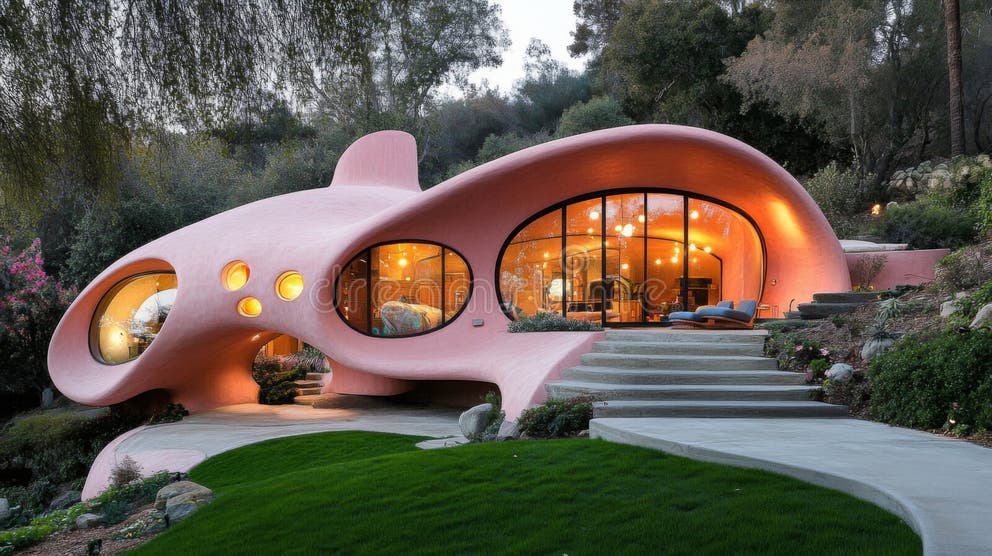 Unique Pink Curvy House on Hillside at Night Stock Illustration ...