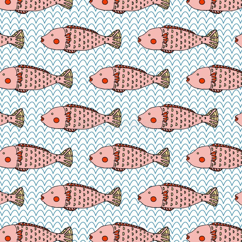 Unique Pink Fish Cute Illustration Seamless Pattern Vector. Stock ...