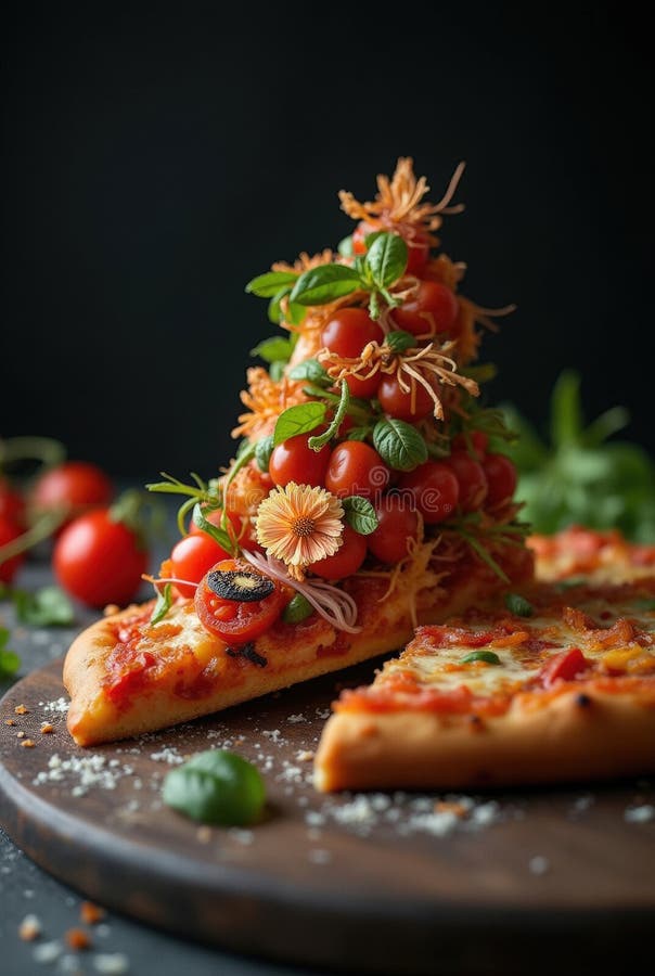 Creative Vegetable Pizza with Vibrant Tomato Tower Display Stock ...