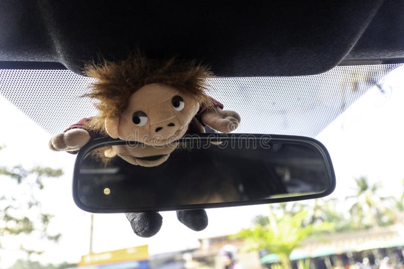 Unique Plush Toy Hangs from Car Mirror in Bright Outdoor Setting during ...