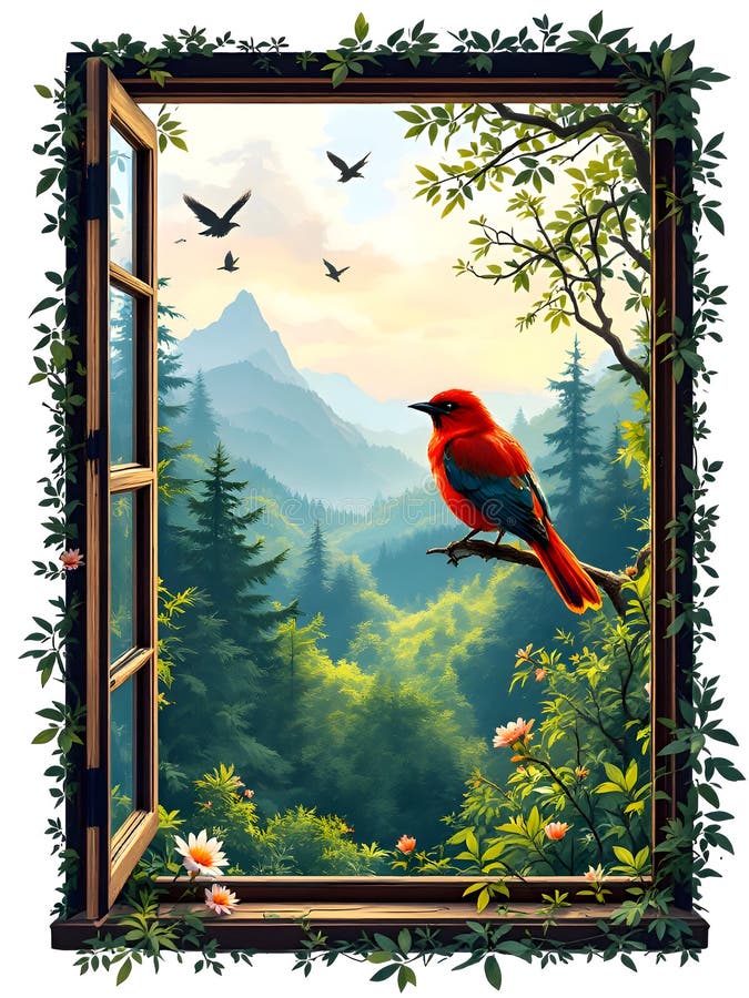 Unique Presentation of an Opened Window with Forest View Stock ...