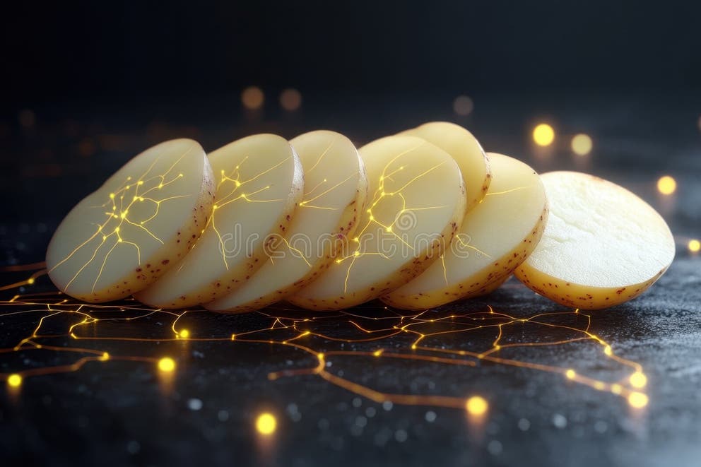 Unique Presentation of Sliced Potatoes with Glowing Patterns on a Dark ...