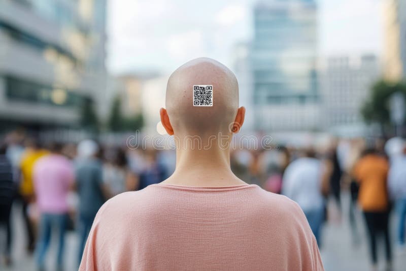 Unique QR Code on a Shaved Head in the City Assembly. Digital Slavery ...