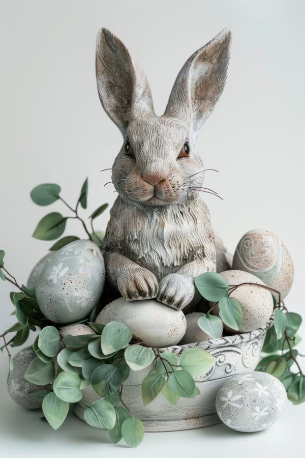 A Unique Rabbit Statue Sitting in a Bowl of Eggs. Ideal for Easter or ...