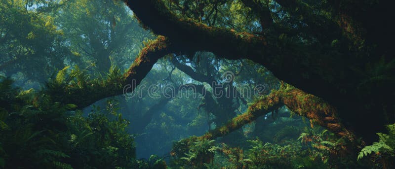 Ancient Rainforest with Vibrant Green Trees Covered in Lush Moss Stock ...