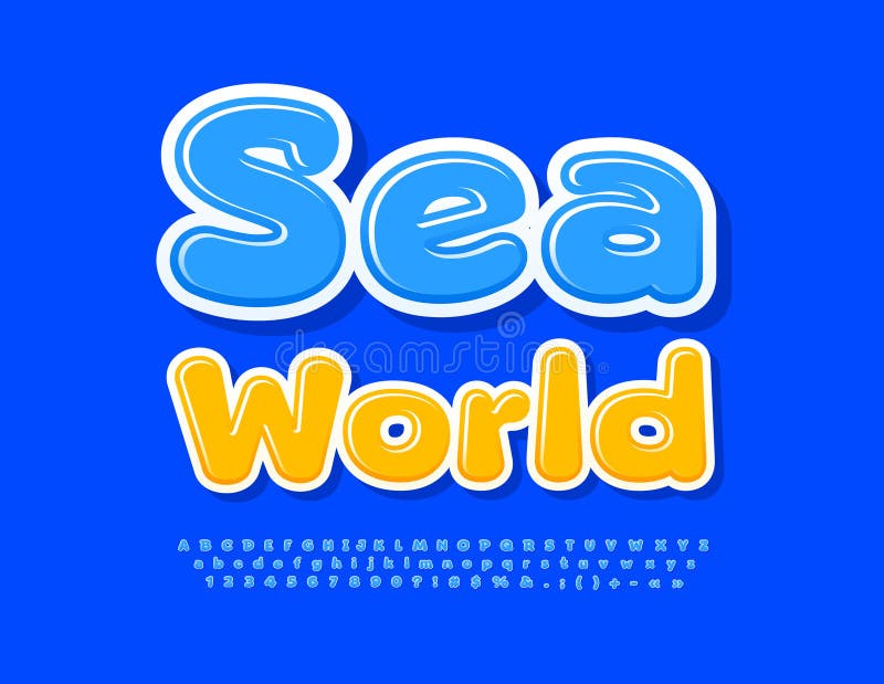 Vector Advertising Sign Sea World. Blue Glossy Font for Kids. Bright ...