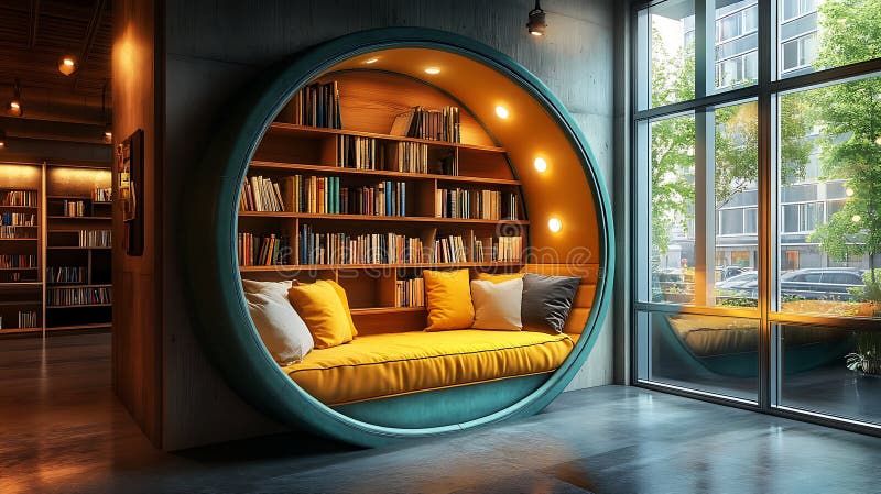 Unique Reading Nook with Circular Seating and Bookshelves Around Stock ...