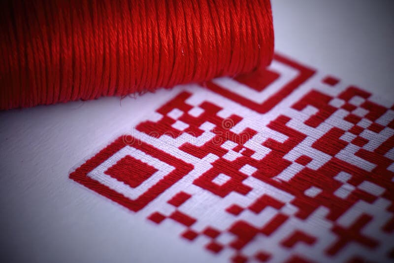 Unique Red Embroidered QR Code Design on Fabric. Generative AI Stock ...