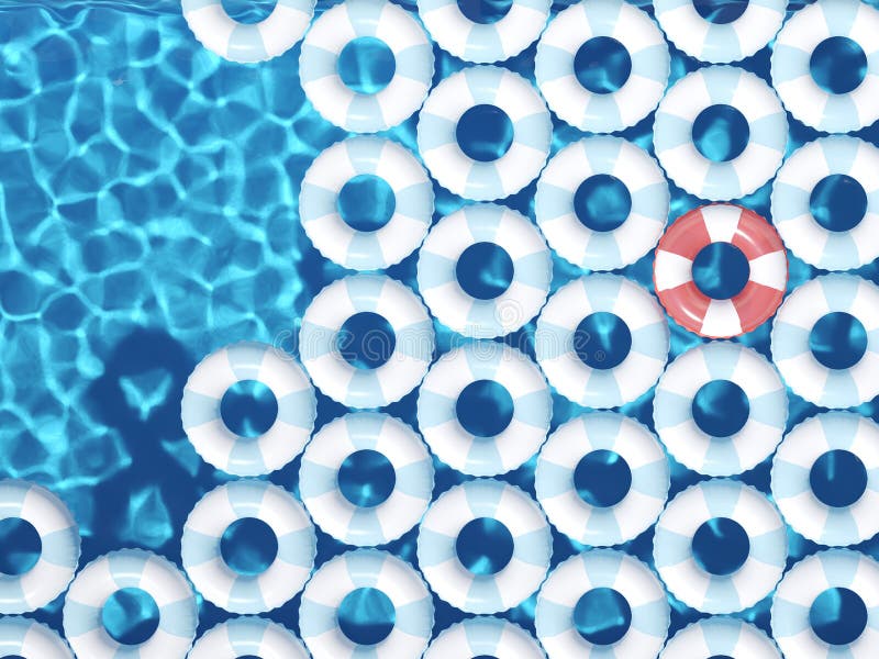 Unique Red Float Ring between Blue Float Rings in Pool. 3d Rendering ...