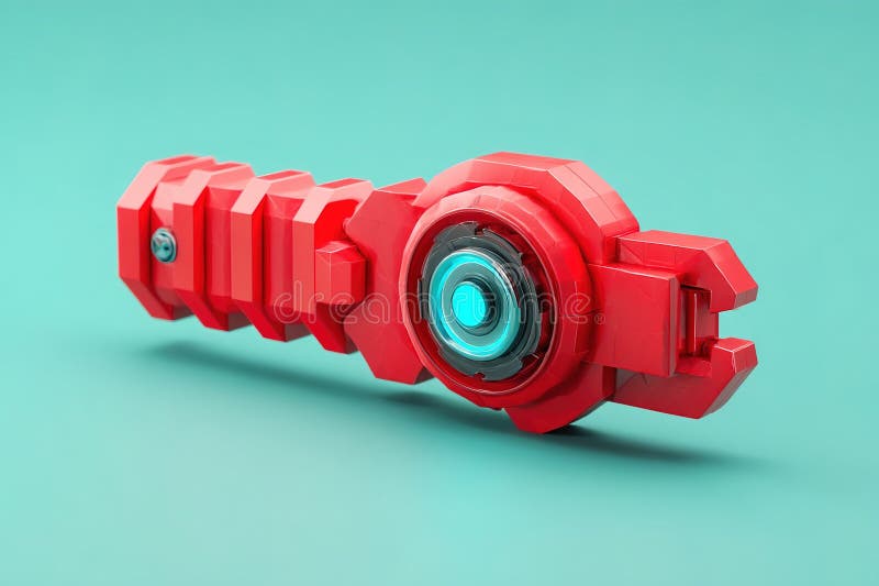 Unique Red Technological Device with Glowing Blue Light on Clean Teal ...