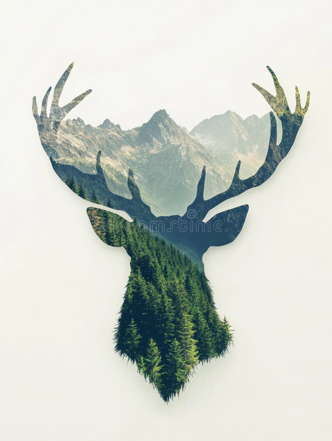 Creative Deer Head Design Formed from Layered Mountains and Pine Trees ...