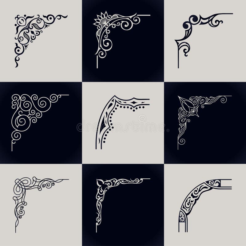 Unique Retro Corner for Frames Set. Vintage Vector Patterns for ...