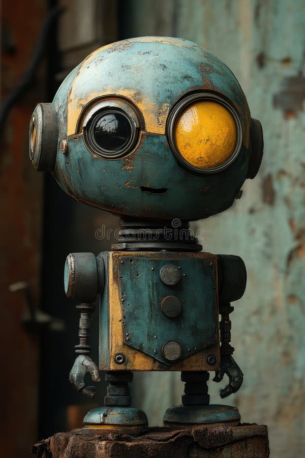 Unique Retro Robot Figure with a Distressed Finish Standing on a Rustic ...