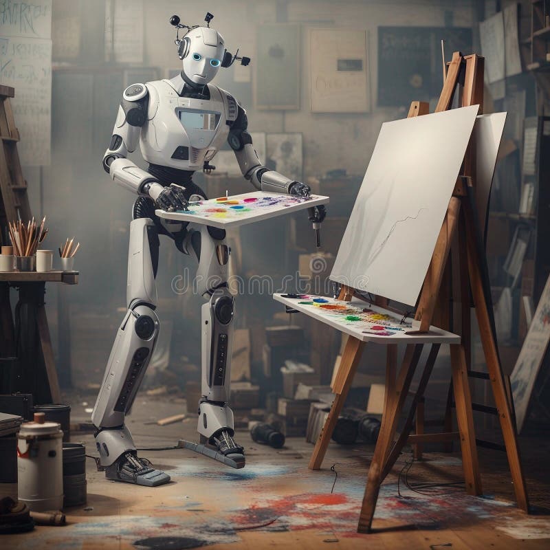Robot Paints Artwork on Canvas with Colorful Paints Stock Illustration ...