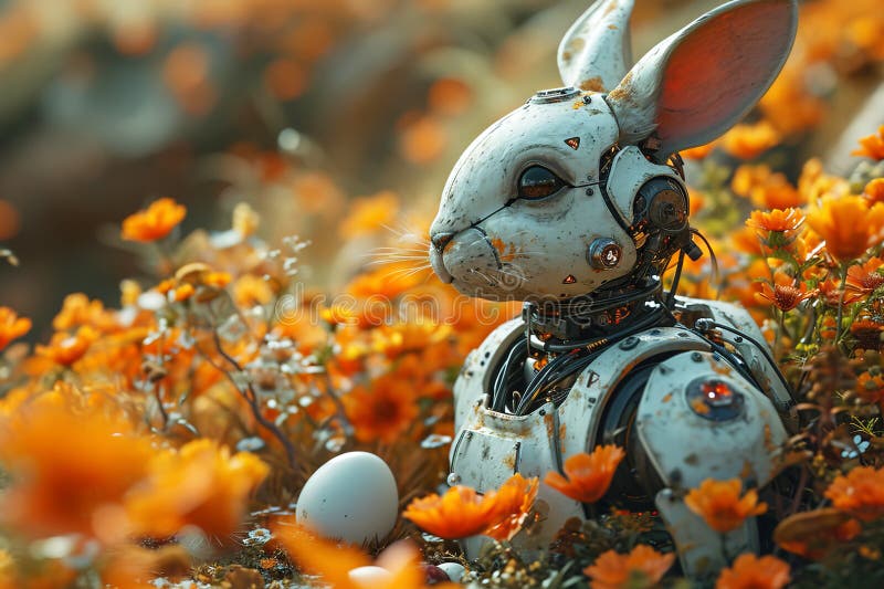 A Robot Rabbit Exoskeleton Resting among Colorful Chicken Eggs and ...