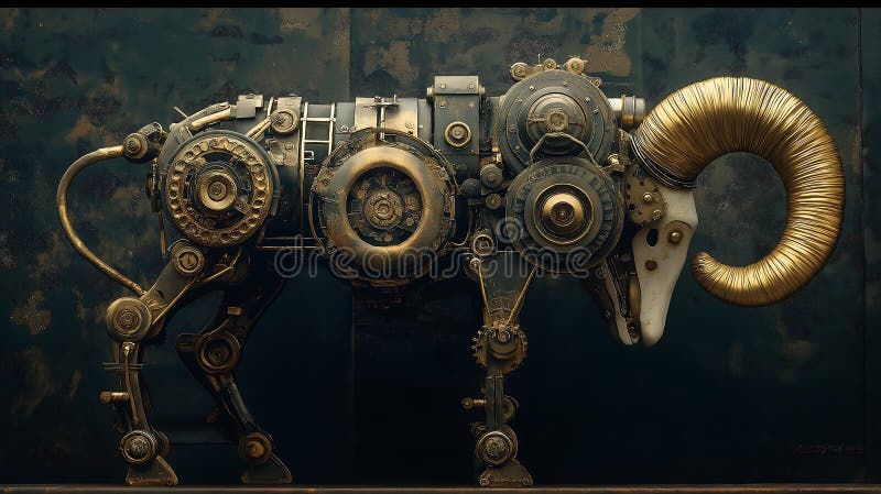 Unique Robotic Ram Sculpture Showcasing Intricate Gearwork and Metallic ...