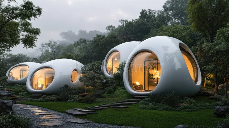 Unique Round Structures with Large Windows Stand Amid Lush Greenery ...