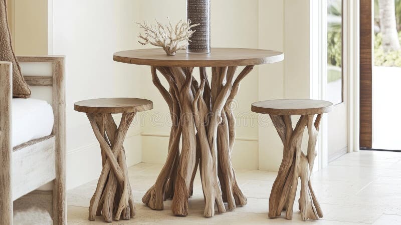 Unique Rustic Table and Chairs Set Made from Natural Wood Displayed in ...