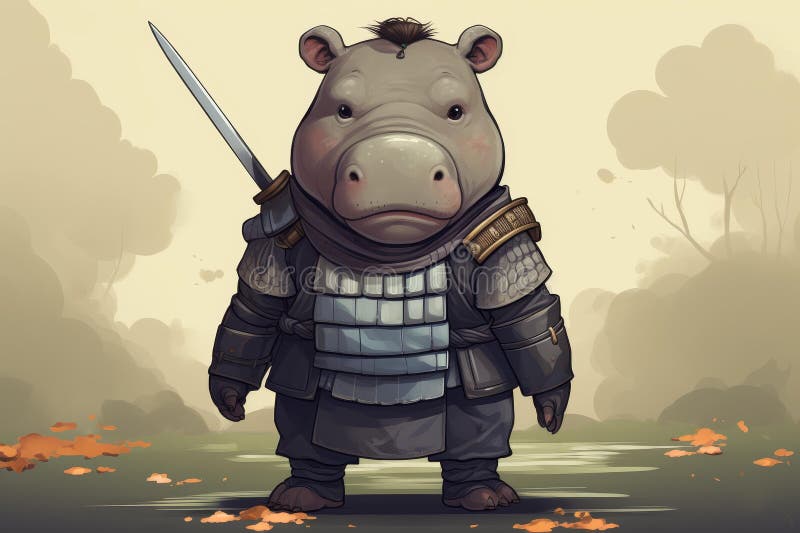 Unique Samurai Armor Inspired Hippopotamus Chibi Illustration with a ...