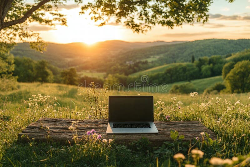A Unique Scene of a Laptop Set Up in a Field Surrounded by Nature Stock ...