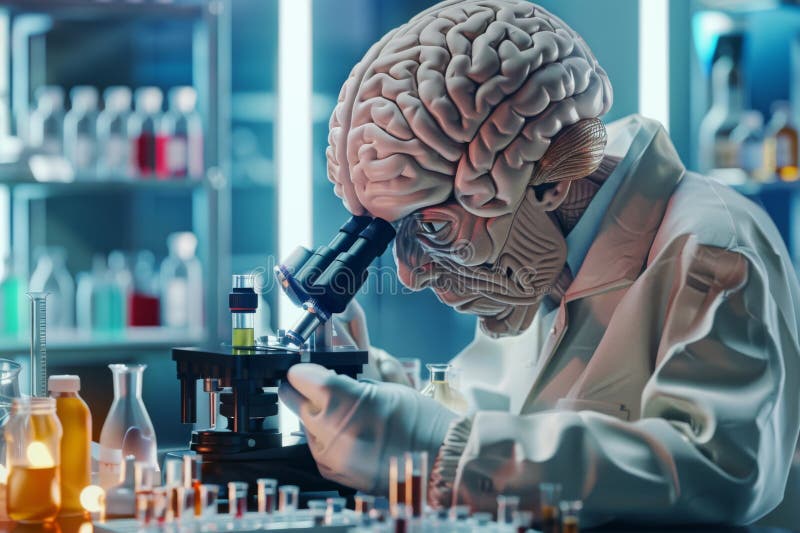 A Unique Scientist with a Brain-shaped Head Conducts Experiments in a ...