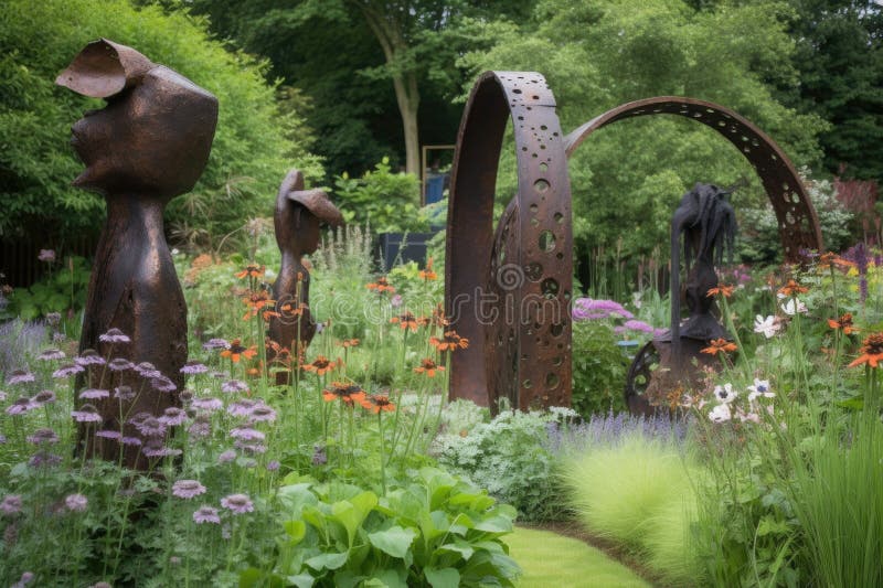 Unique Sculptures in a Garden Setting, Surrounded by Greenery and ...