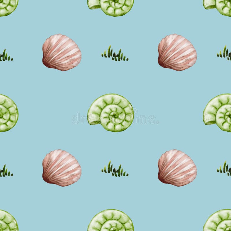 Unique Seamless Watercolor Shell Pattern Design on Blue Fabric for ...