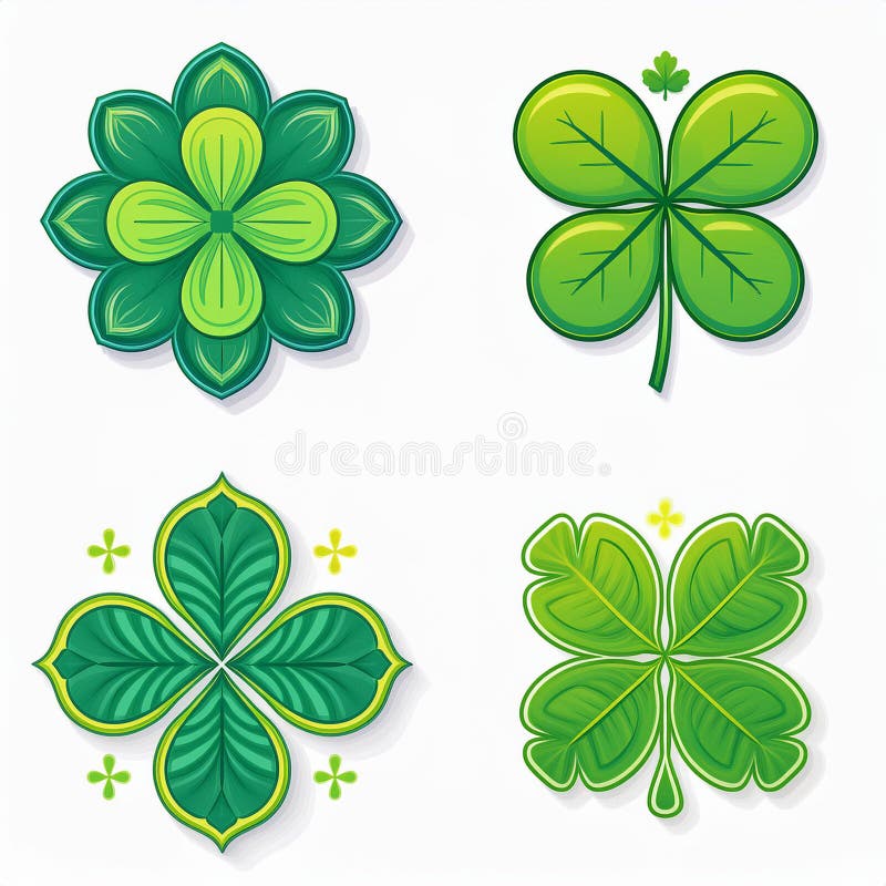 Unique Set of Three and Four Leaf Clover Designs on White Background ...