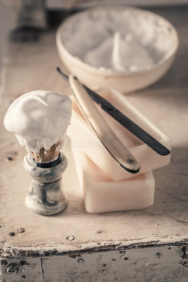 Unique Shaving Set. Sharp Razor, Soap and Brush Stock Photo - Image of ...