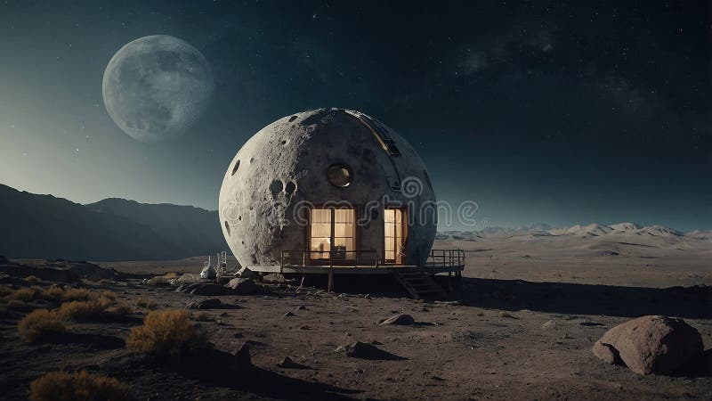Unique Spherical House on the Moon with Glowing Windows at Night Stock ...