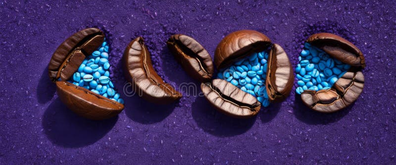 Split Coffee Beans Revealing Blue Beans on Vibrant Purple Background ...