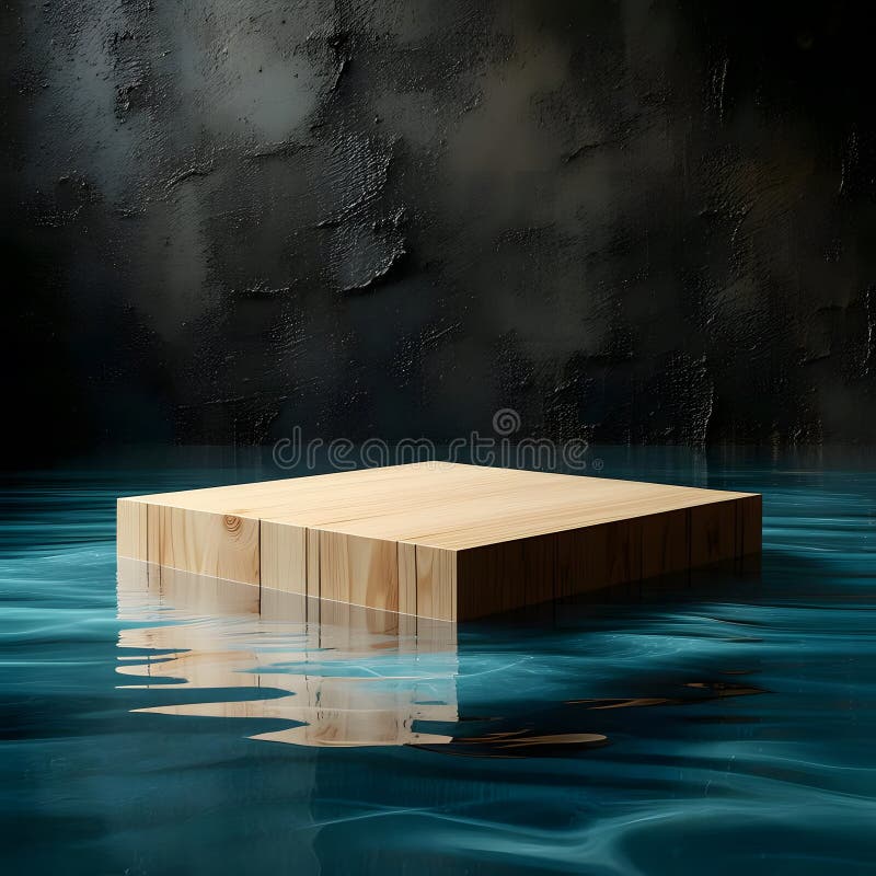 Square Wood Floating Podium Artistic Reflections on Dark Water Stock ...