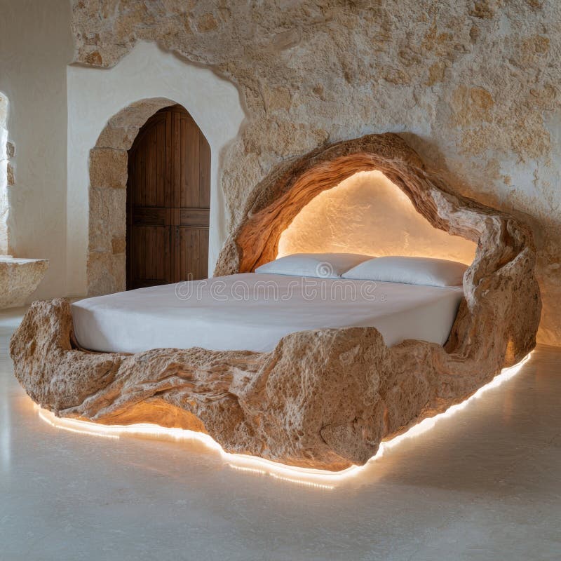 Unique Stone Bed in a Cave-like Bedroom Stock Illustration ...