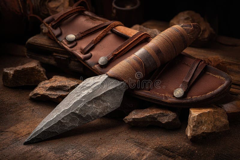 Handcrafted Stone Knife Rests on Leather Sheath Surrounded by Rocks in ...